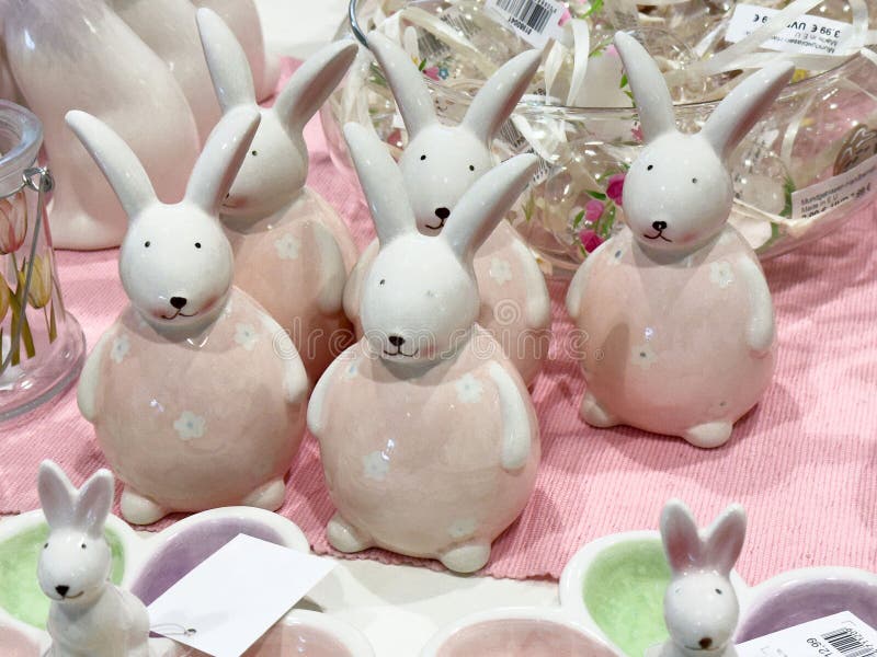 Ceramic Rabbit Figurines in Pastel Pink Displayed on Table Editorial ...
