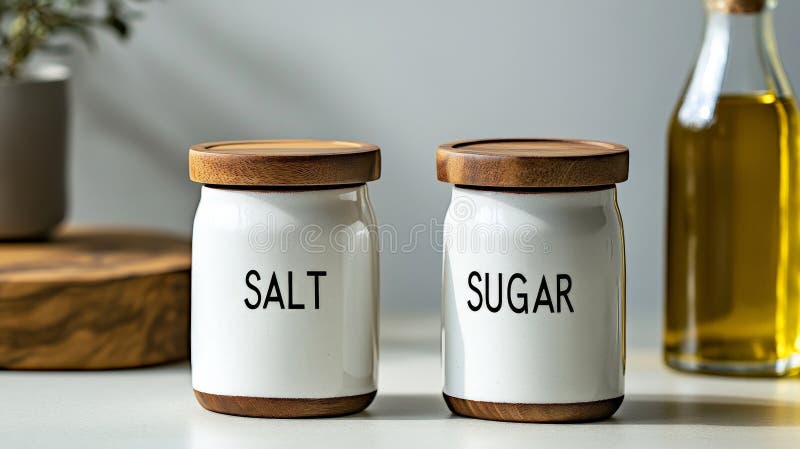 Ceramic Salt and Sugar Jars with Wooden Lids in a Kitchen Setting Stock ...