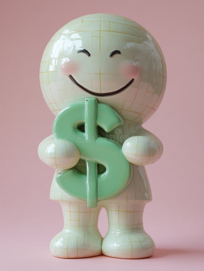 Ceramic Smiley Figure Holding a Green Dollar Sign. Stock Photo - Image ...