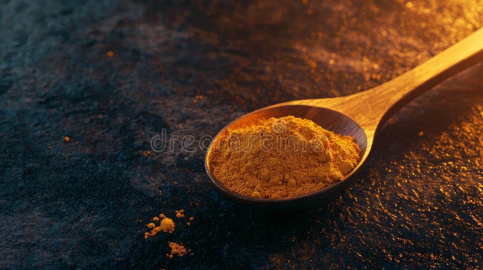 Ceramic Spoon with Curry Powder on Dark Stone Surface for Culinary ...