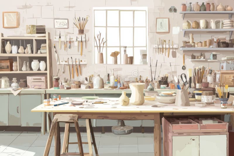 Ceramic Studio Setup Showcasing Tools and Handcrafted Creations in a Well-Organized Workspace ...