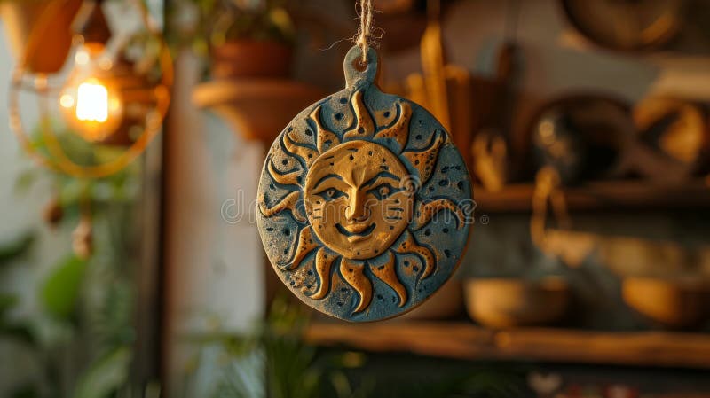 Ceramic Sun Decoration Hanging Indoors with Warm, Soft Lighting. Stock ...
