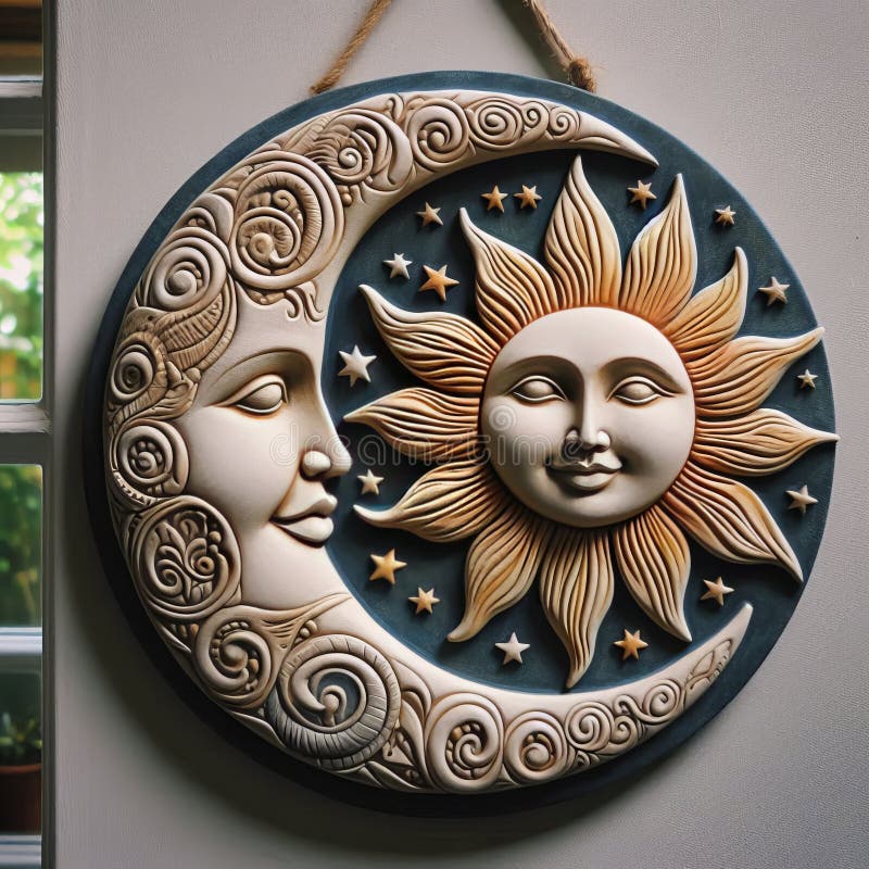 6 51. Ceramic Sun and Moon Wall Art_ a Piece of Ceramic Wall Rt Stock ...
