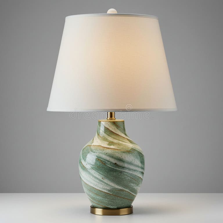 Ceramic Table Lamp with a Rounded Base Featuring a Swirling Green and ...