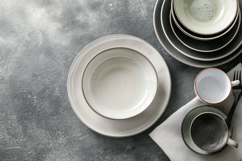 Ceramic Tableware on Grey Background. Various Types of Dishes, Bowls ...
