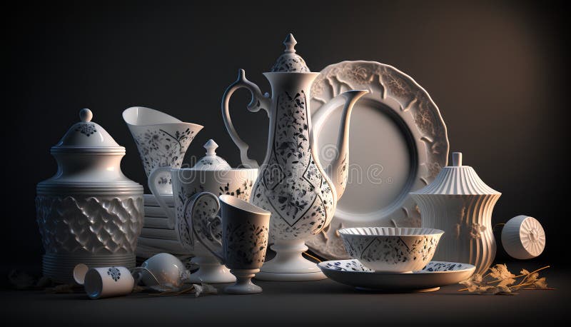 Ceramic Tableware Set on Black Background. 3d Render Stock Illustration ...
