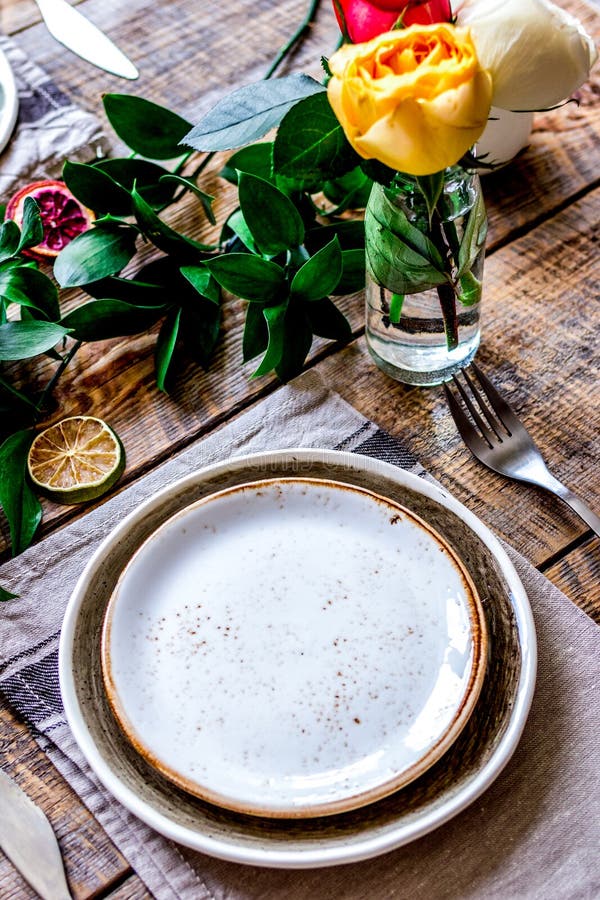 Ceramic Tableware Top View on Wooden Background Mock Up Stock Photo ...