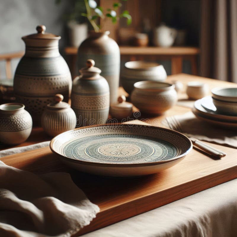 Ceramic Tableware on a Wooden Table. Stock Image - Image of design ...