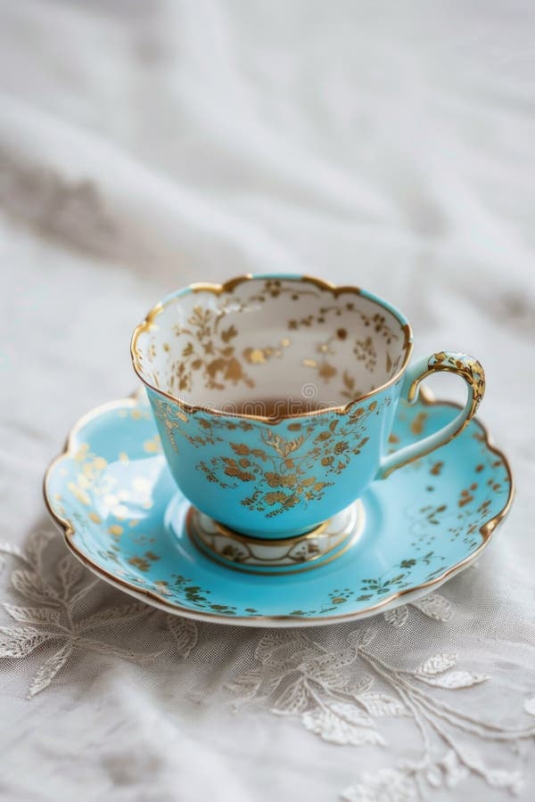 A Ceramic Tea Cup and Saucer Setting, Placed on a Wooden or Metal Table ...