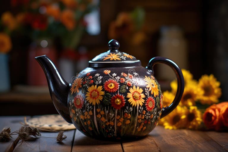 A Ceramic Teapot with Floral Patterns on a Rustic Wooden Table Stock ...