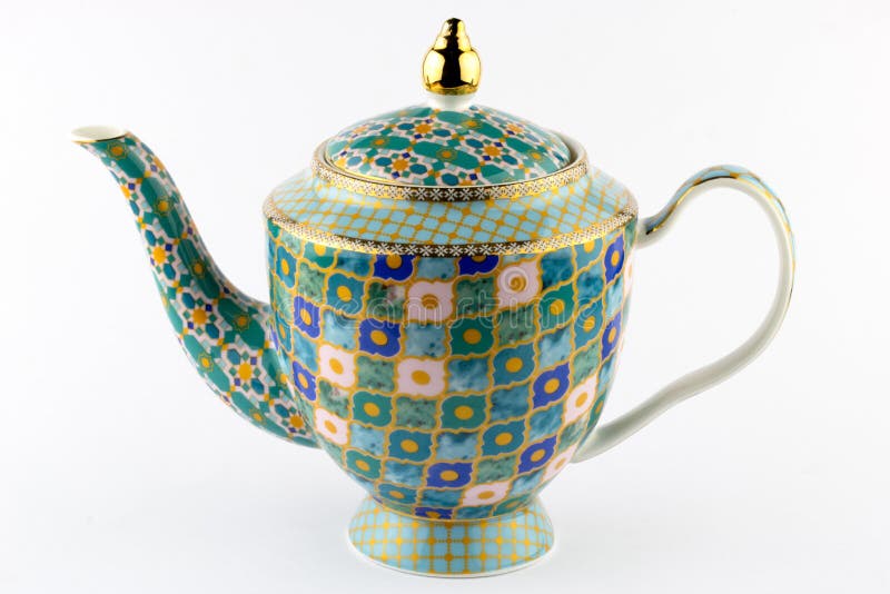 Ceramic Teapot with Gold and Blue, Green Patterns Isolated on White ...