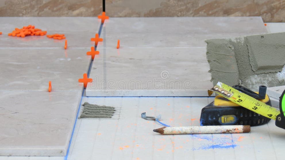 Ceramic Tile on Backer Board Stock Photo - Image of chalk, spacers ...