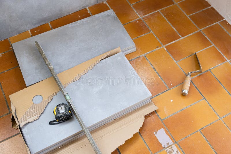 Ceramic Tile Installation Site with Its Tools Stock Photo - Image of ...