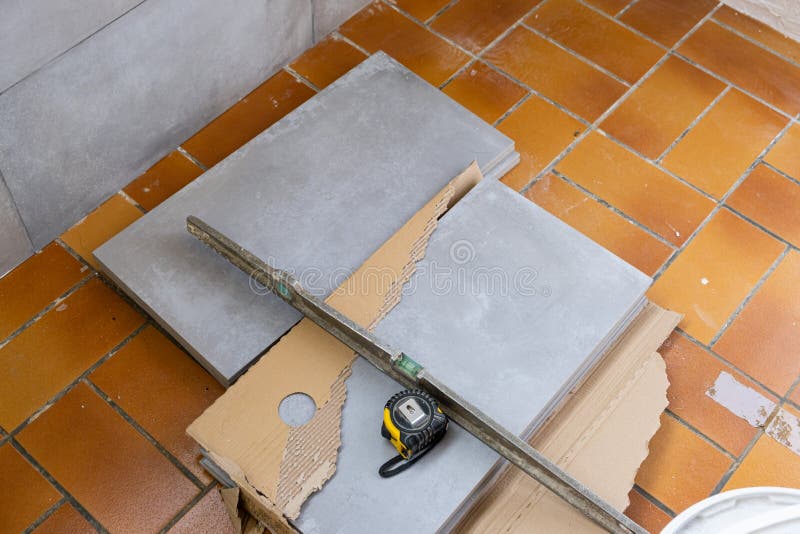 Ceramic Tile Installation Site with Its Tools Stock Image - Image of ...