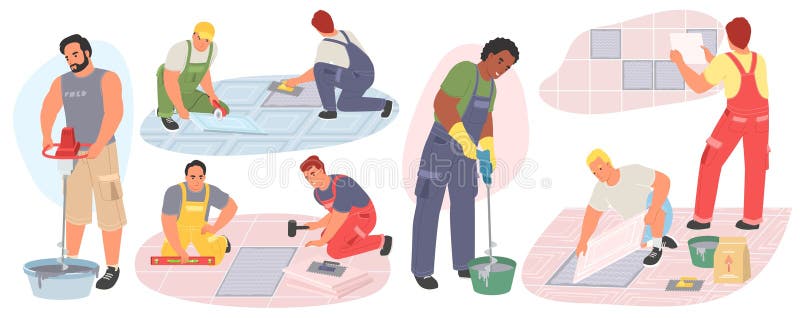 Ceramic Tile Master Working on Home Renovation Set Stock Vector ...