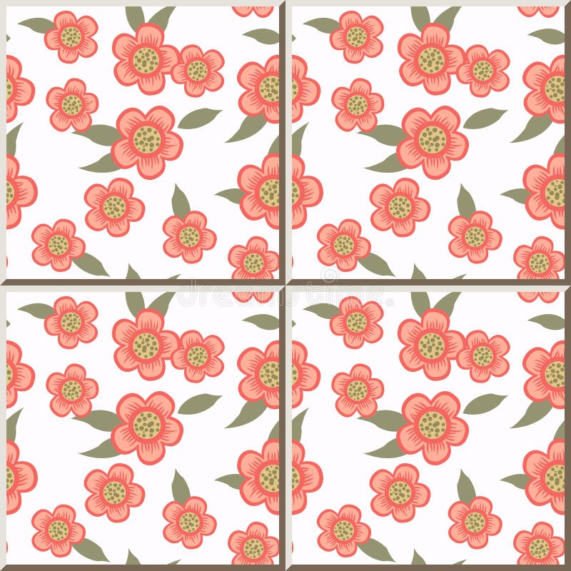 Ceramic Tile Pattern Pink Flower Green Leaf Stock Vector - Illustration ...
