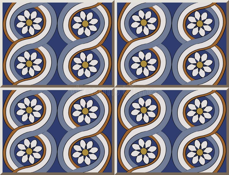 Ceramic Tile Pattern Round Blue Curve Cross Spiral Frame Botanic Stock ...