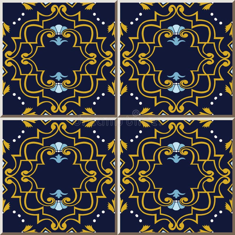 Ceramic Tile Pattern Spiral Curve Cross Vortex Gold Frame Blue F Stock ...