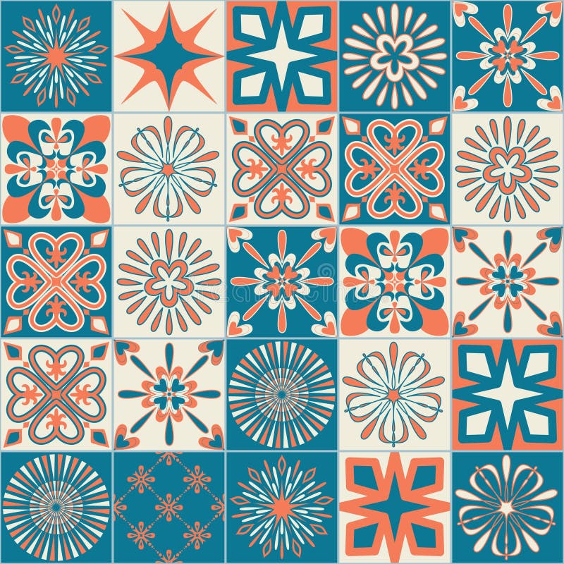 Ceramic Tile with Square Patterns Orange Blue Color, Trendy Patchwork ...