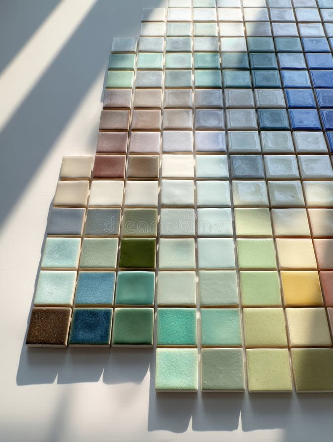 Ceramic Tile Palette Arranged on Light Surface Showcasing a Gradient of Colors and Textures in a ...