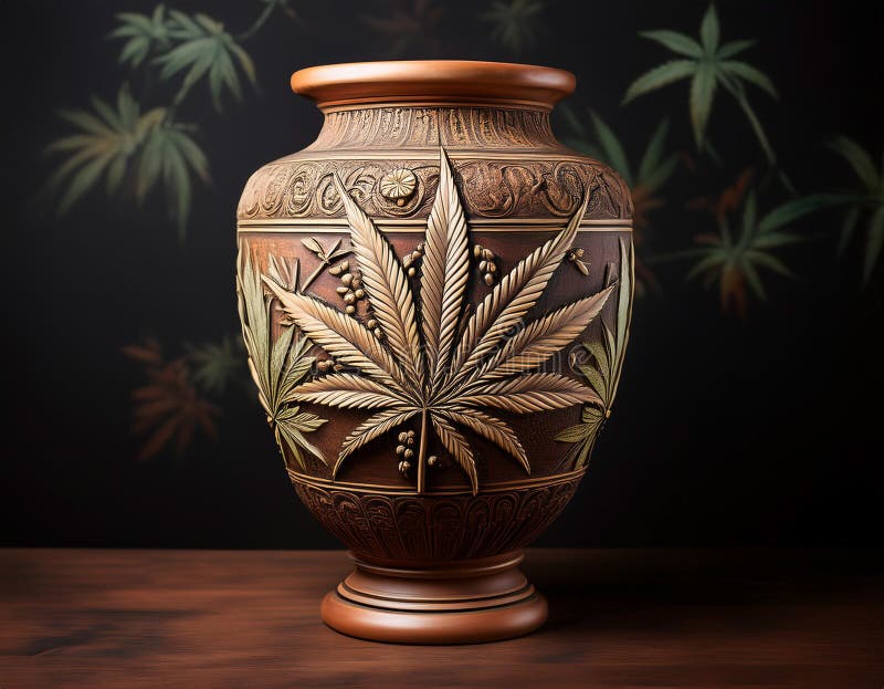 A Ceramic Urn with Classical Engravings of Cannabis Plants Stock ...