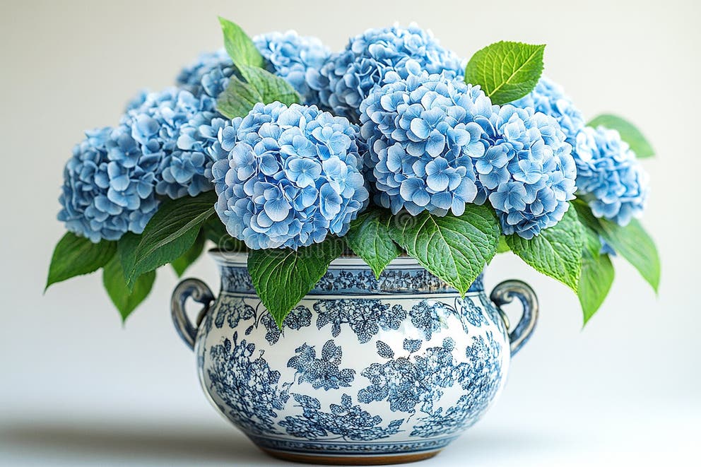 Ceramic Vase in Antique Style with Big Hydrangea Bush Grows on a White ...