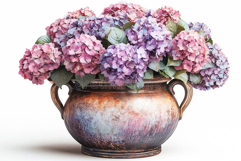 Ceramic Vase in Antique Style with Big Hydrangea Bush Grows on a White ...