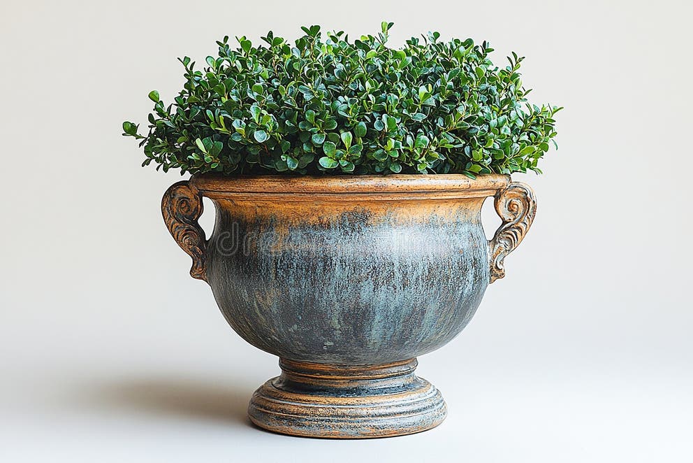Ceramic Vase in Antique Style with Patterns in Which a Boxwood Bush ...