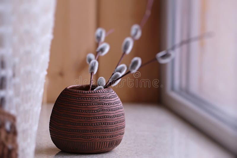 Ceramic Vase with Sprigs of Willow Stock Photo - Image of brown, style ...
