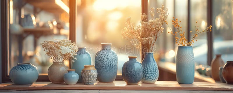 Ceramic Vases on Shelf in Soft Light Stock Image - Image of artisan ...
