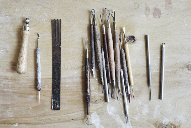 Ceramic Working Process, Tools for Hand-crafted Work. View from Above ...