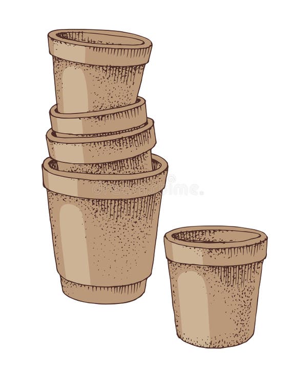 Ceramics Flower Pots in Stack Hand Drawn Vector Illustration Stock ...