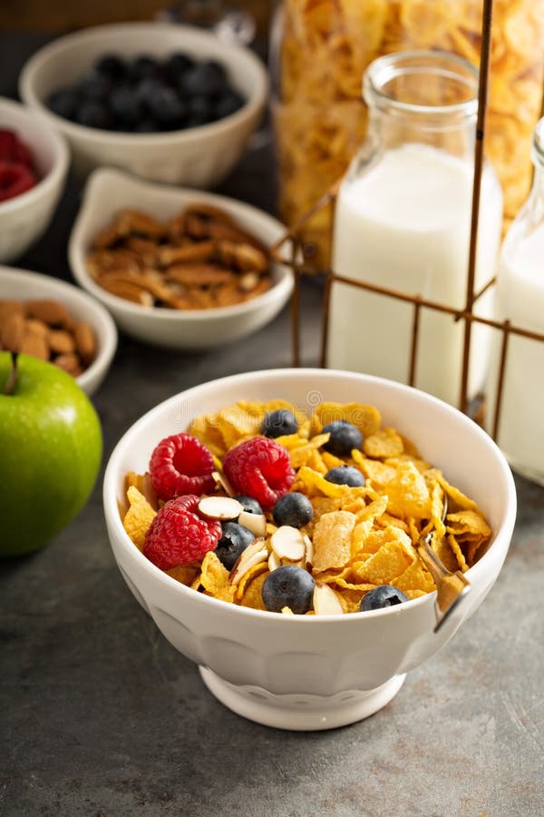 Cereal Bar or Buffet Wih Cornflakes, Fruit and Nuts Stock Image - Image ...