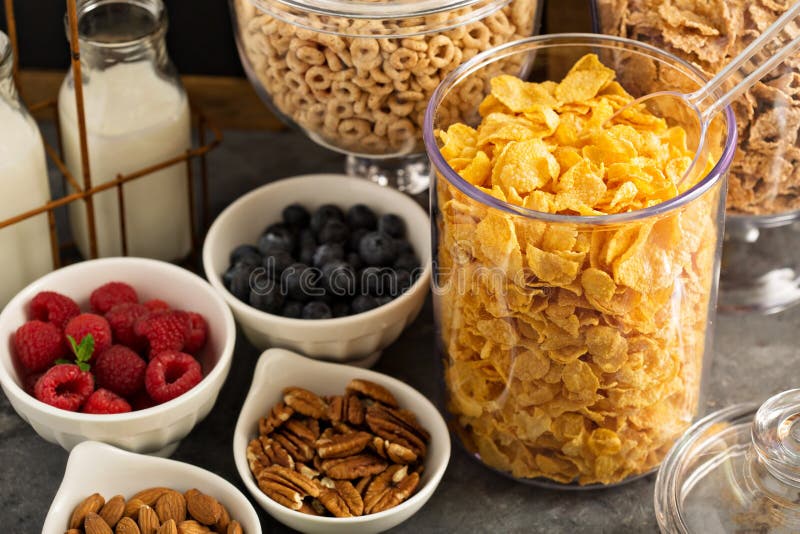 Cereal Bar or Buffet Wih Cornflakes, Fruit and Nuts Stock Image - Image ...