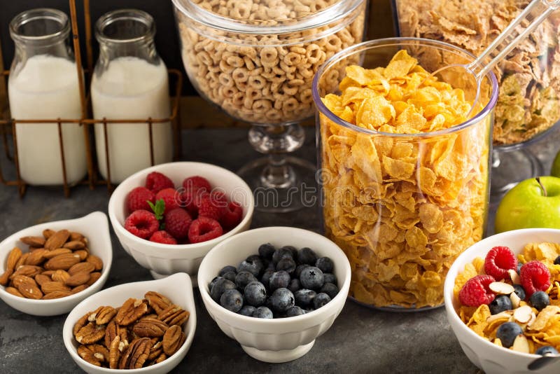 Cereal Bar or Buffet Wih Cornflakes, Fruit and Nuts Stock Image - Image ...