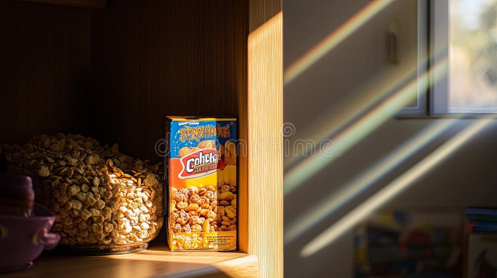 Cereal Box on Shelf, Morning Light Beam. Stock Photo - Image of food ...