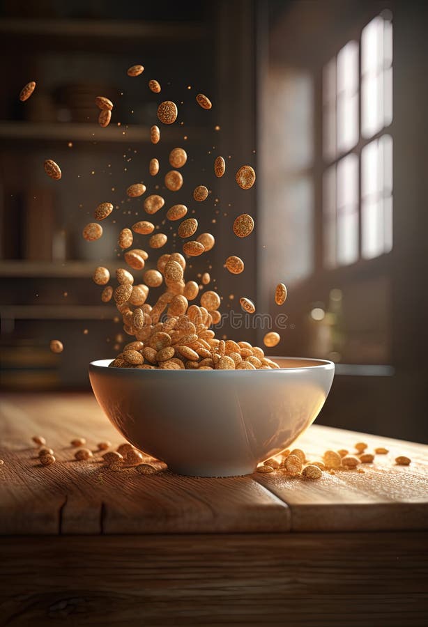 Cereal Falling into a Bowl on a Kitchen Table before Breakfast ...