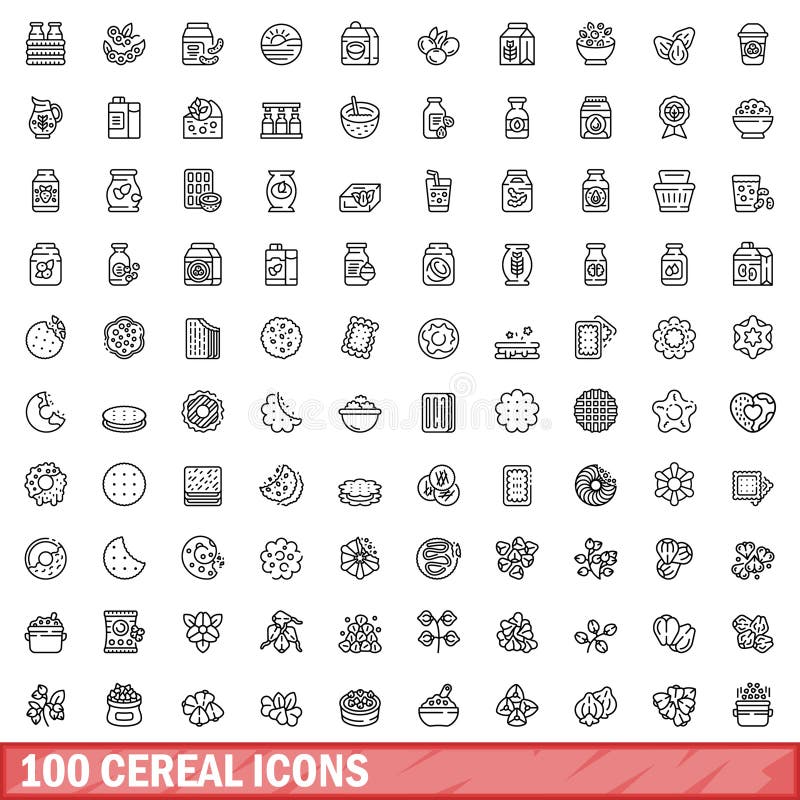 100 Cereal Icons Set, Outline Style Stock Vector - Illustration of ...