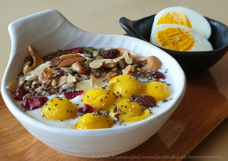 Cereal and Mango with Yogurt with Boil Egg Stock Image - Image of ...