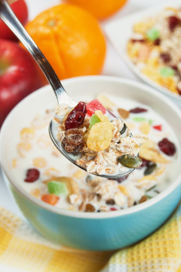 Cereal Muesli with Dried Fruit and Nuts Stock Photo - Image of milk ...