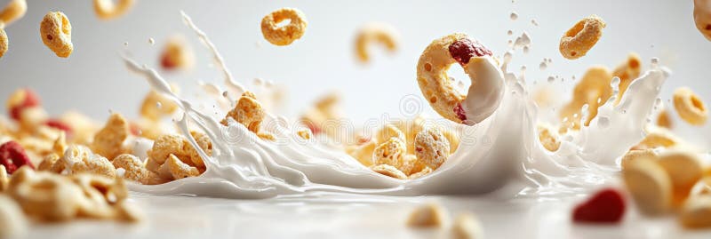 Cereal Pieces Flying through Milk with Splashes in a Bright Setting ...
