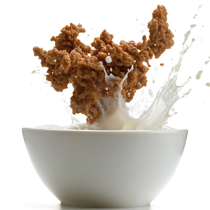Cereal Plunging into Milk Creating Splash in White Bowl Stock ...