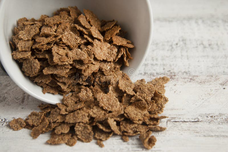 Cereal Wheat Flakes, Spikes and Rye Grain on Old Rustic Wooden Table ...