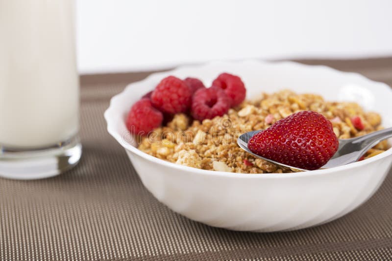 Cereals in Bowl with Strawberries and Raspberries Stock Image - Image ...