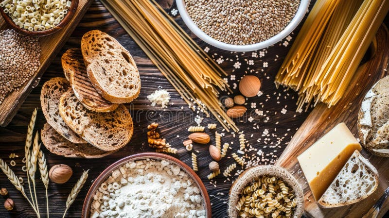 Cereals and Whole Grains with Bread, Pasta, and Grains on a Dark ...