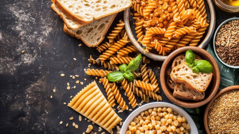 Cereals and Whole Grains with Bread, Pasta, and Grains on a Dark ...