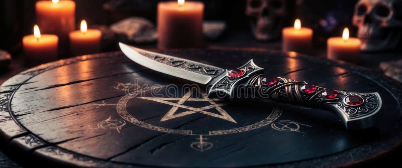Ceremonial Dagger Resting on a Pentacle with Burning Candles in ...