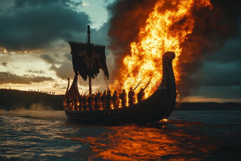 A Ceremonial Ritual at Sunset Sees a Viking Longship Set Ablaze on a ...