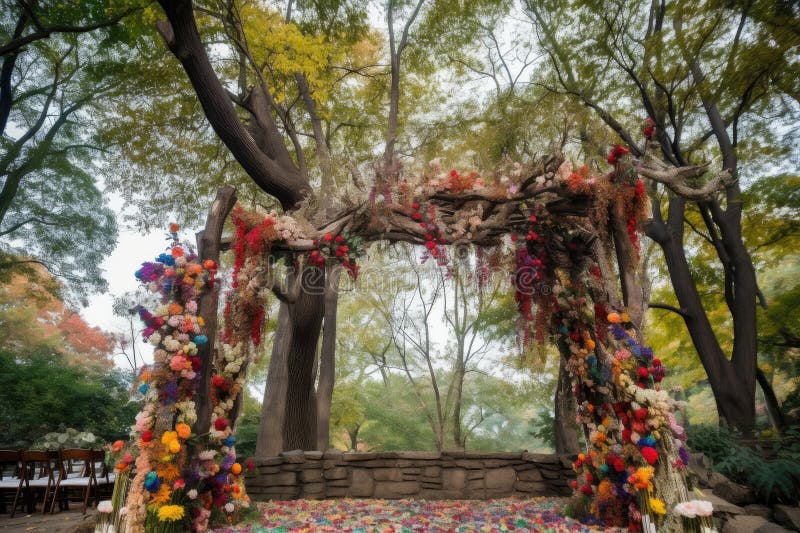 Ceremony Backdrop of Towering Trees, with Colorful Blooms Cascading ...