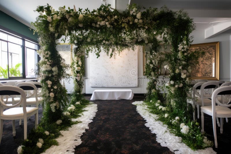 Ceremony with Ornate White Arch and Backdrop of Greenery Stock ...